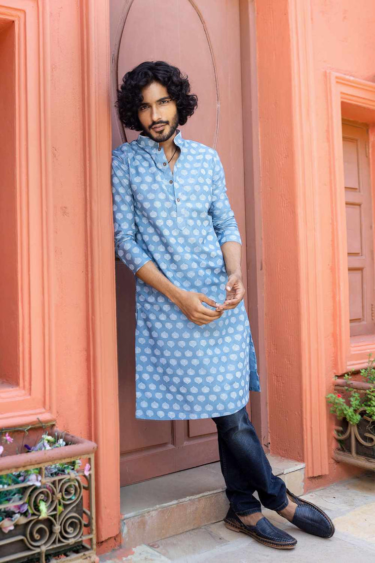 Ethnic Steel Blue Printed Kurta For Men – The Kurta Company