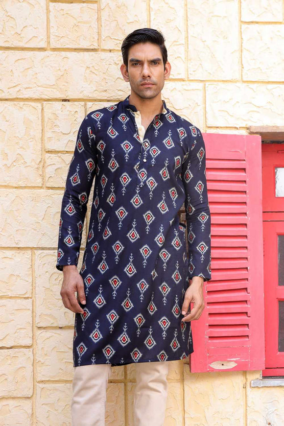 Navy Blue Cotton Blend Straight Cut Printed Kurta for Men – The Kurta ...