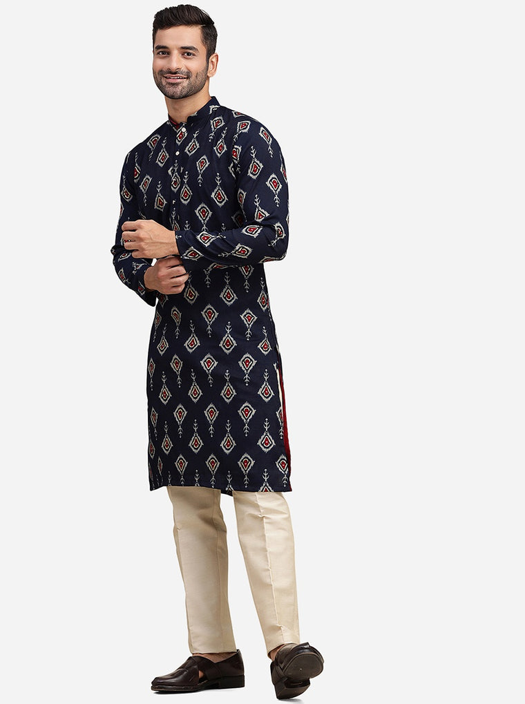 Navy Blue Cotton Blend Straight Cut Printed Kurta for Men – The Kurta ...