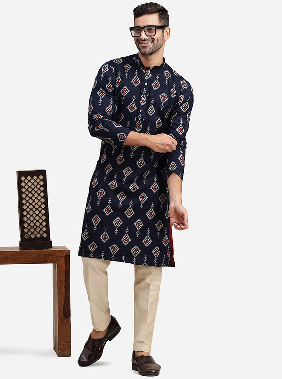Navy Blue Cotton Blend Straight Cut Printed Kurta for Men – The Kurta ...