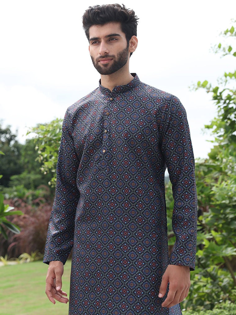 Stylish Black & Blue Printed Kurta For Men – The Kurta Company