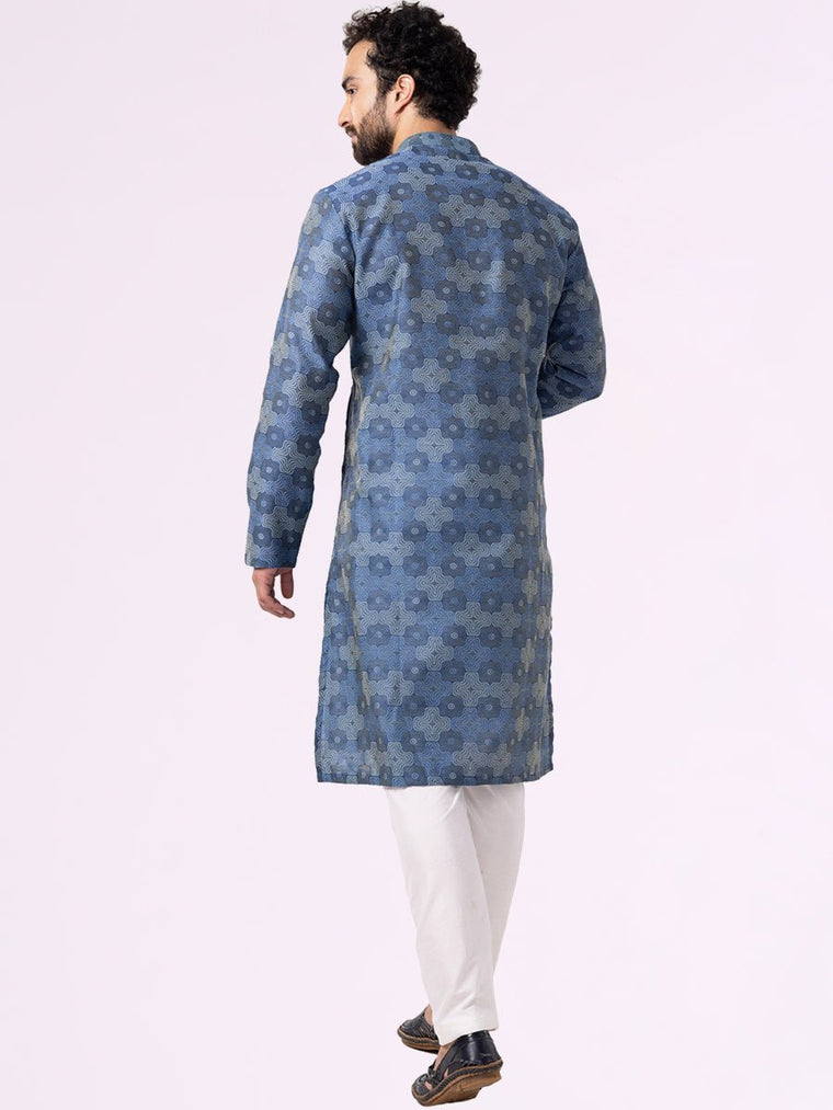 French Blue Printed Cotton Silk Blend Kurta for Men – The Kurta Company