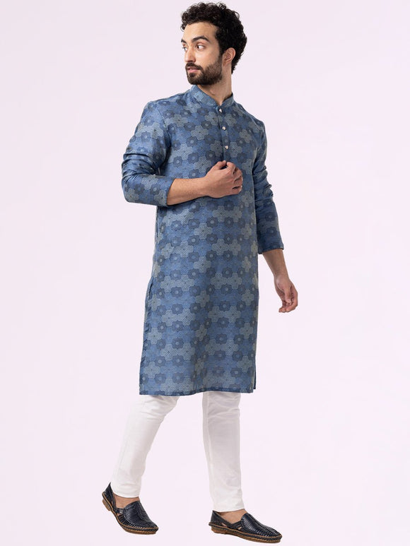 French Blue Printed Cotton Silk Blend Kurta for Men – The Kurta Company
