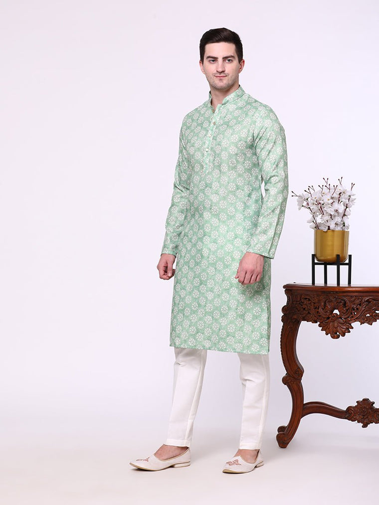 Leaf Green Printed Cotton Silk Blend Kurta for Men – The Kurta Company