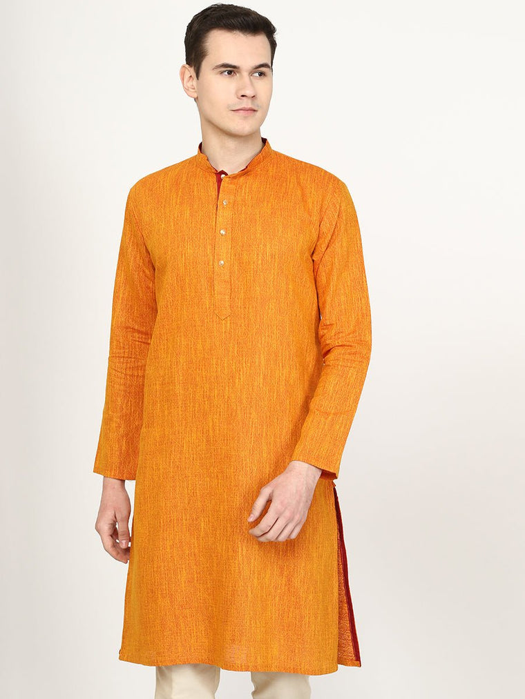 Buy Mustard Yellow Printed Silk Blend Kurta for Men – The Kurta Company