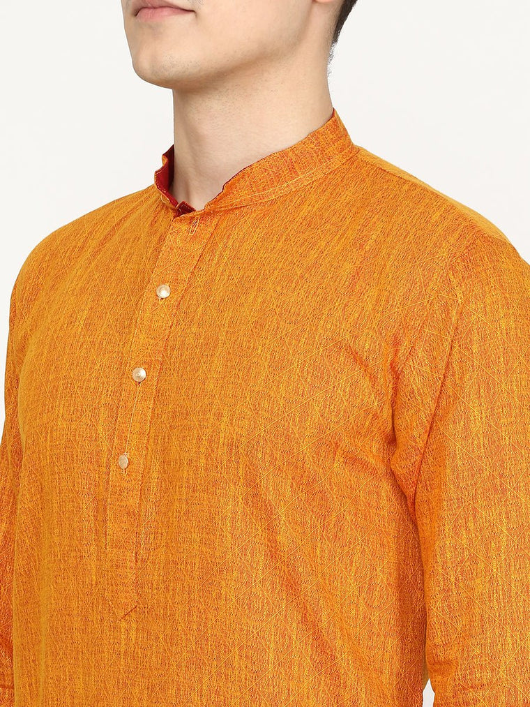 Buy Mustard Yellow Printed Silk Blend Kurta for Men – The Kurta Company