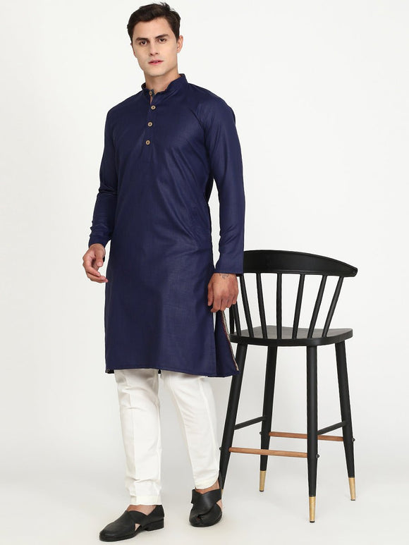 Navy Blue Solid Cotton Blend Kurta for Men – The Kurta Company