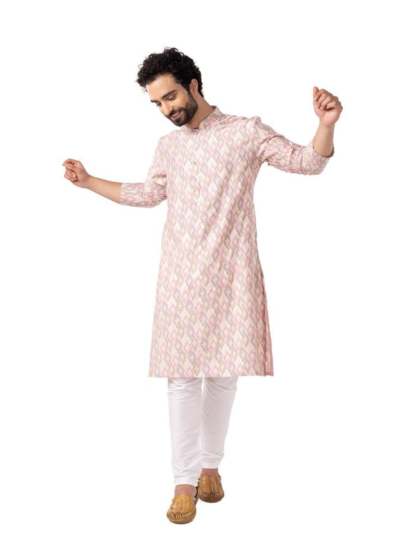 Pale Pink Printed Cotton Silk Blend Kurta for Men – The Kurta Company