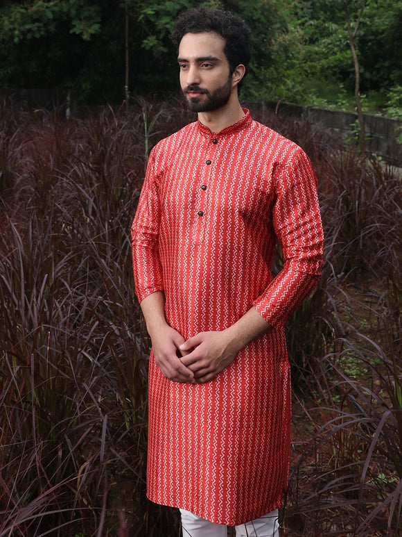 Red Printed Silk Blend Kurta – The Kurta Company