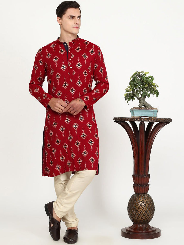 Red Printed Cotton Blend Kurta for Men – The Kurta Company