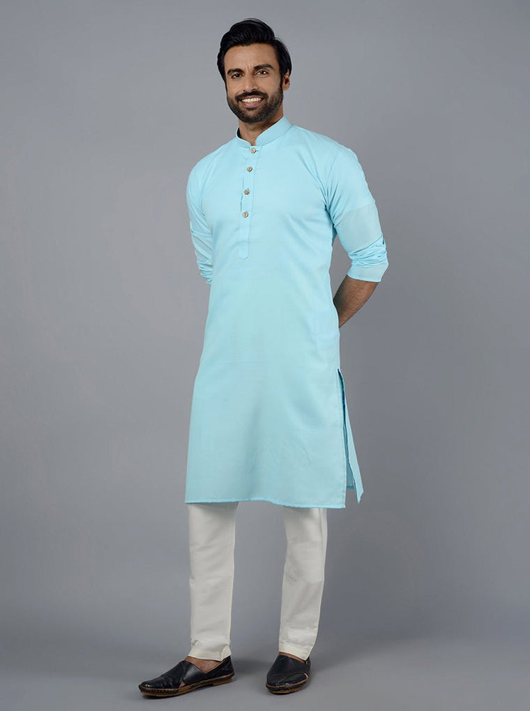 Sky Blue Solid Cotton Blend Kurta for Men – The Kurta Company
