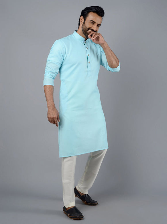 Sky Blue Solid Cotton Blend Kurta for Men – The Kurta Company